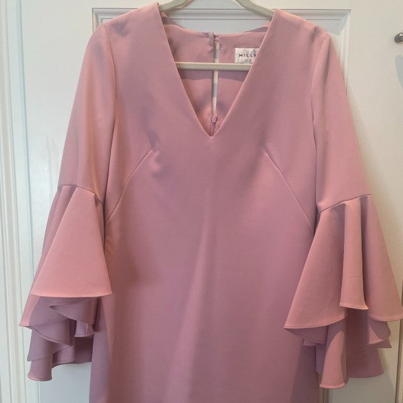 Milly | Dresses | New Milly Pink Shift Dress Short Ruffle Long Sleeve V ...